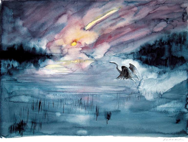 Sunset Heron Painting by Roderick MacIver | Saatchi Art
