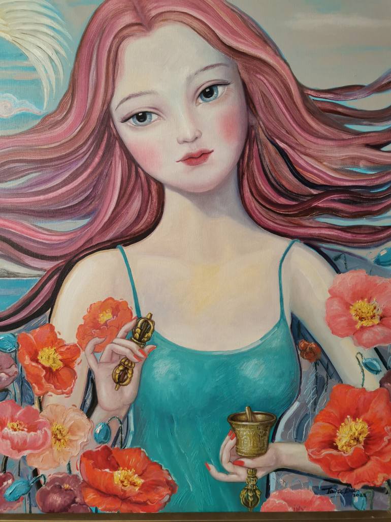 Original Artwork Zen Contemporary Art Girl Fantasy Crane Flower ...