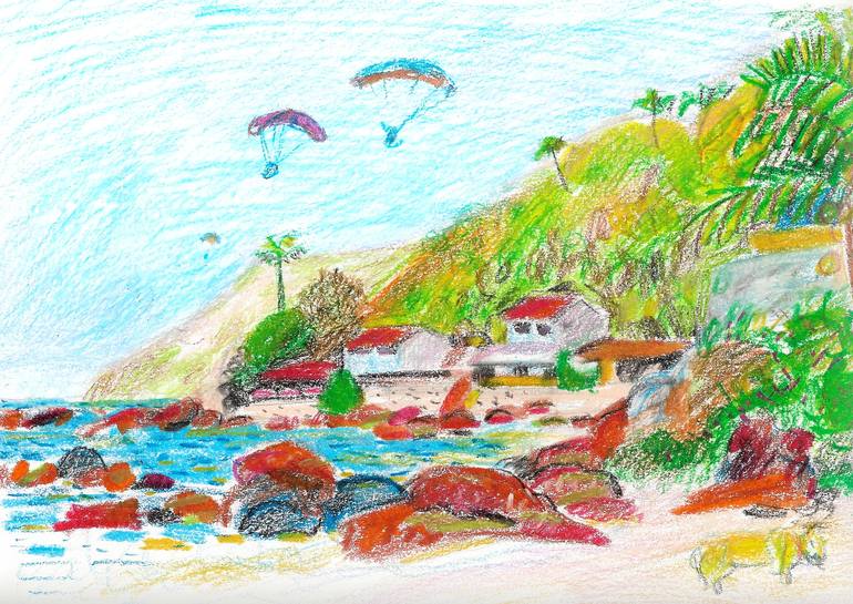 GOA (India) seashore view with parachutes Drawing by Masha Neverova ...