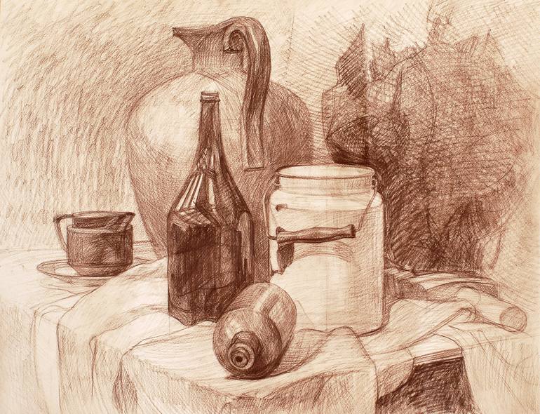 Old School sepia still life Drawing by Masha Neverova | Saatchi Art