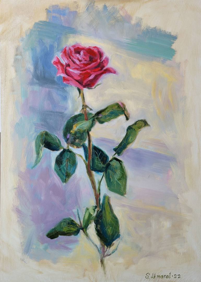 beautiful single pink rose in the garden Painting by Akmaral ...