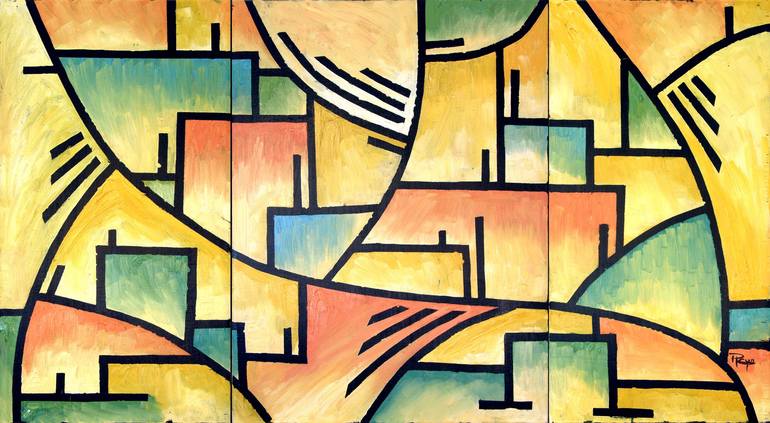 Sunset City Middle Panel Painting by Petr Kyn | Saatchi Art