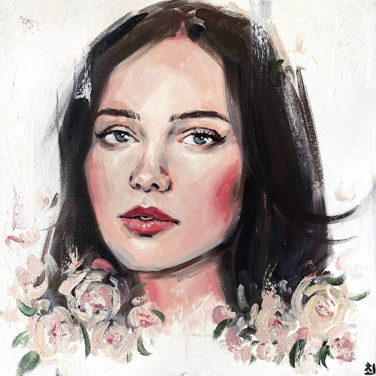 WOMAN WITH BEIGE ROSES Painting by Marina Ogai | Saatchi Art