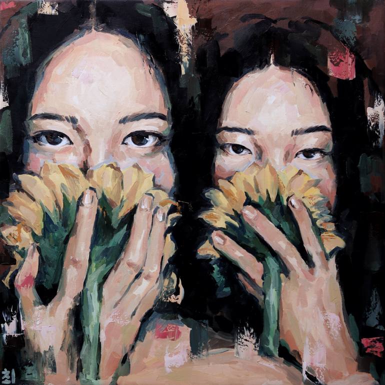 Asian women with sunflowers Painting by Marina Ogai | Saatchi Art