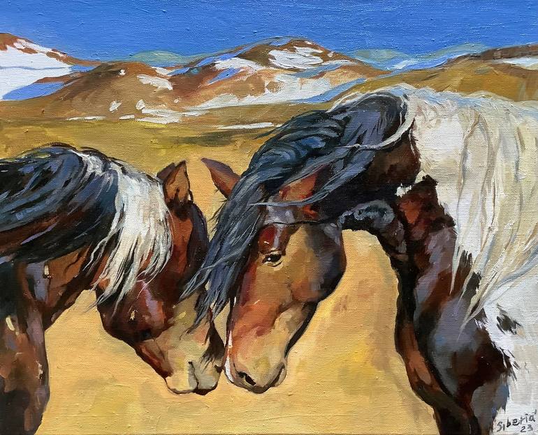 Horses on a mountain plateau Painting by Elena Utkina | Saatchi Art
