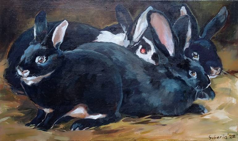 Live velvet. Black rabbits Painting by Elena Utkina | Saatchi Art