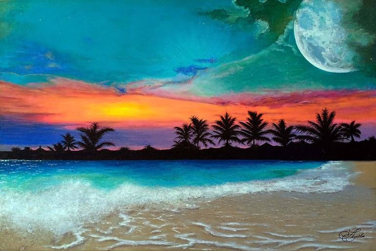 Beach Moon Waves Night acrylic Painting Painting by Ayesha Art Gallery ...