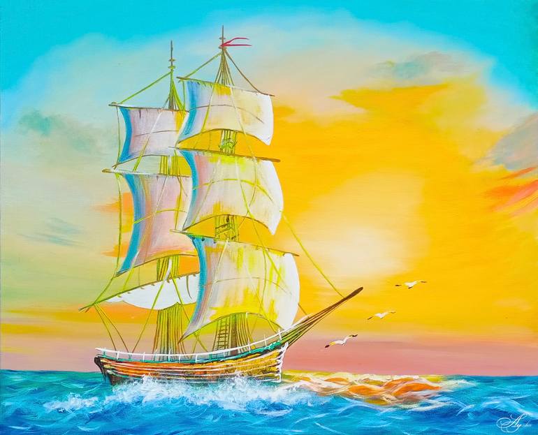 Ship Seascape Acrylic Painting Painting by Ayesha Art Gallery | Saatchi Art