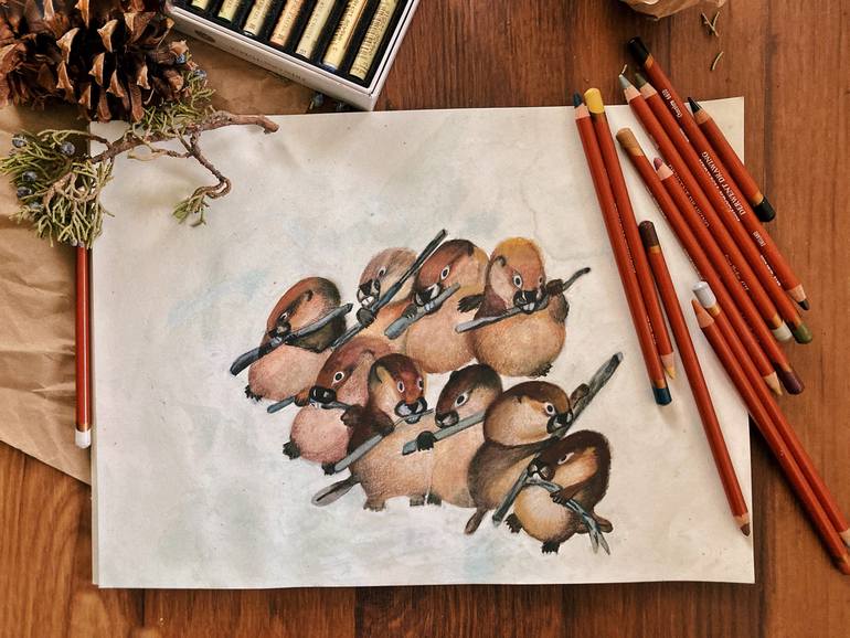 Beaver gang Painting by Anastasia Morozova | Saatchi Art