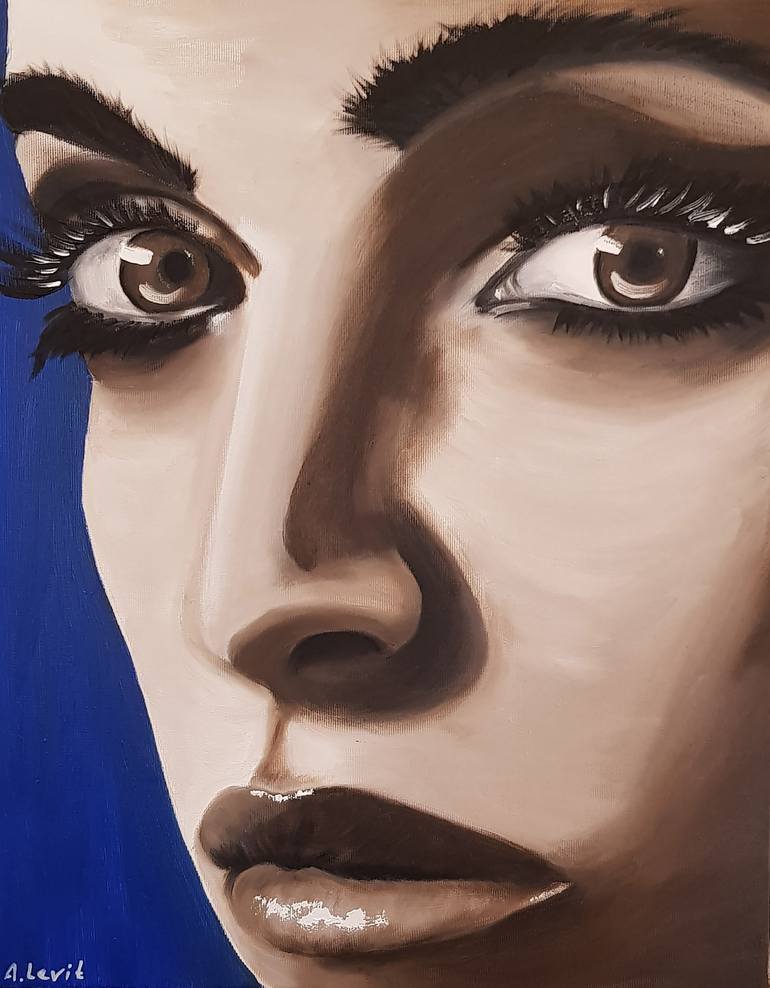 Girl With Sensual Lips On Blue Background Oil Painting Painting by Anna Levit | Saatchi Art