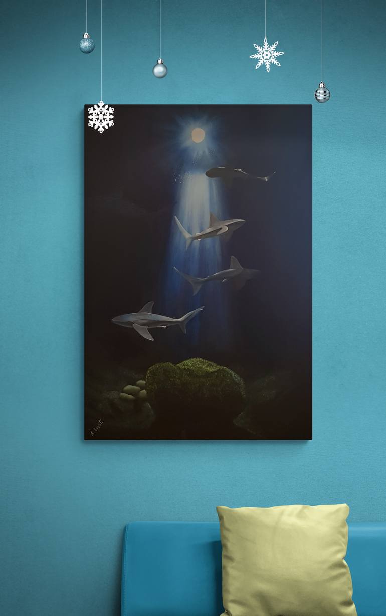 White Sharks In Deep Blue Ocean Water Under Moon Light Painting by Anna Levit | Saatchi Art