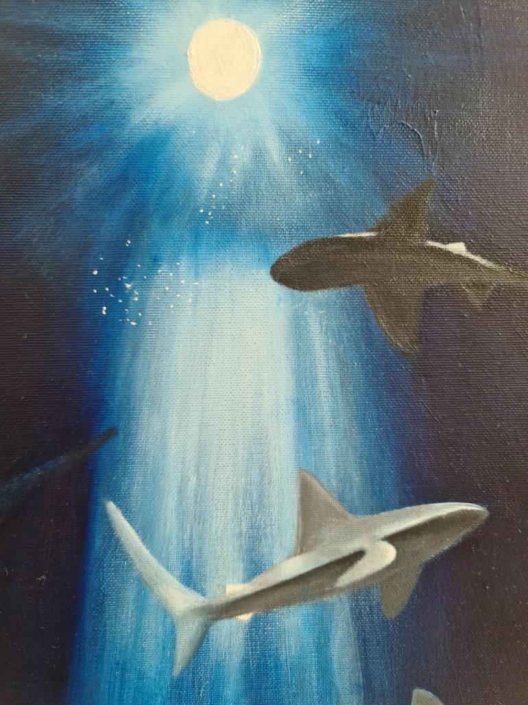 White Sharks In Deep Blue Ocean Water Under Moon Light Painting by Anna Levit | Saatchi Art