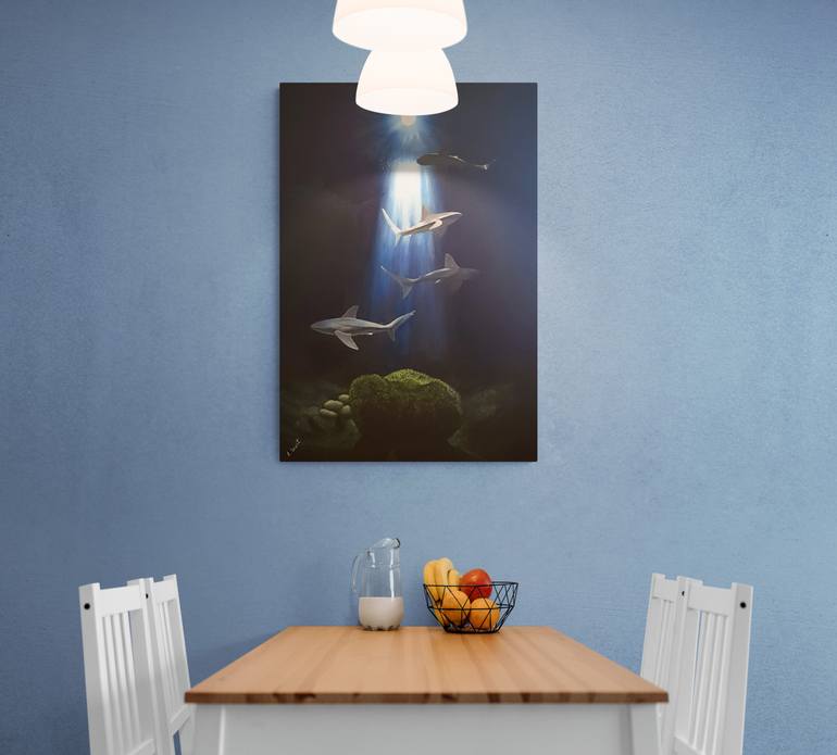 White Sharks In Deep Blue Ocean Water Under Moon Light Painting by Anna Levit | Saatchi Art