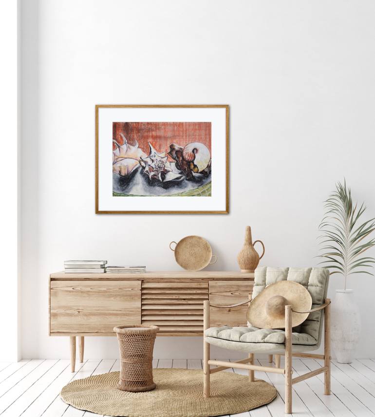 Three Seashells on a Wicker Table Drawing by amanda ioco | Saatchi Art