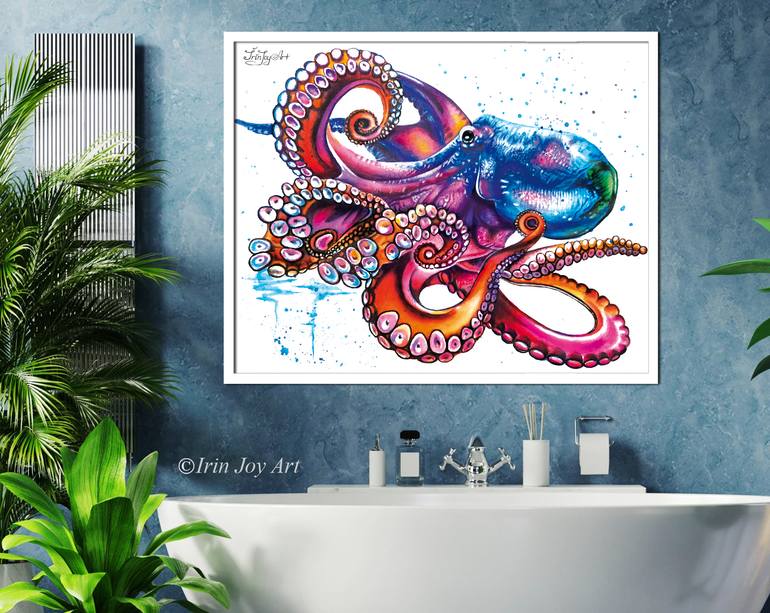 Blue octopus abstract Sea life Nautical coastal beach wall decor ...