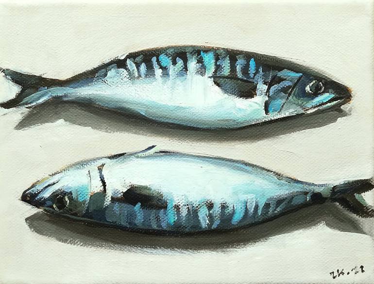 Mackerel Painting Fish Still Life Painting by Zhanna Kan | Saatchi Art
