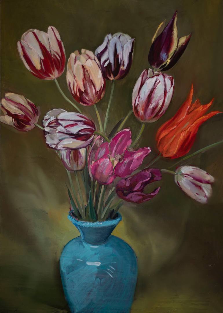Tulips on a green velvet background Painting by Atis Jakobsons ...