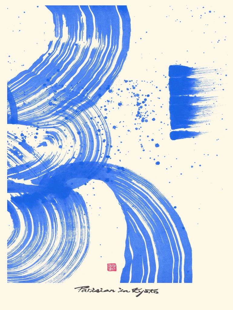 Blue Zen Water Waves Ink Brush Abstraction Drawing by Paris Kyoto ...