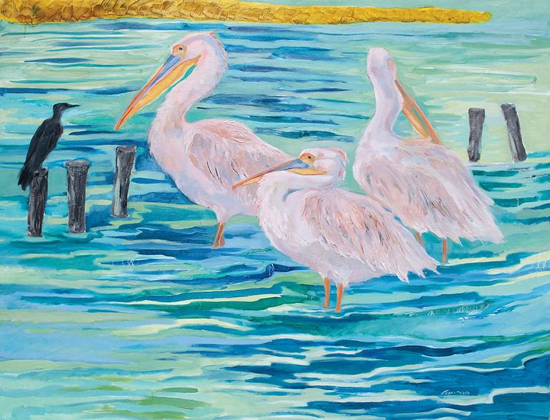 Pelicans of the pink kind Painting by Bilyana Desheva | Saatchi Art