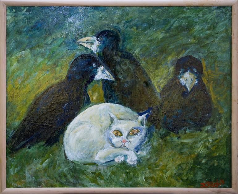Crows And The White Cat (#124) Painting by Krzysztof Polak | Saatchi Art