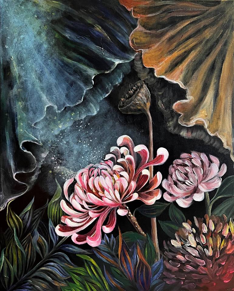 Aurora shows over plants Painting by Meng Li | Saatchi Art