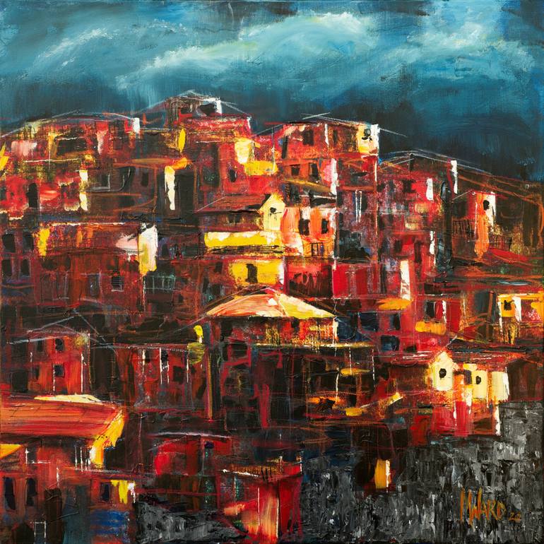 Manarola Sunset Painting by Marc Ward | Saatchi Art