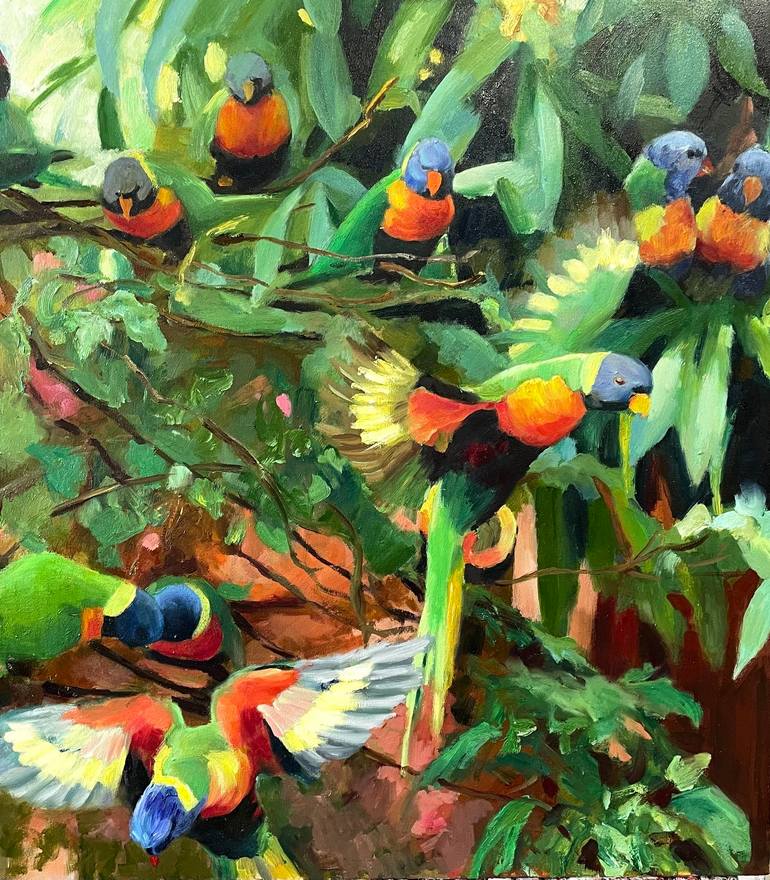 Parrots flocking Painting by Nargiz Ibragimova | Saatchi Art