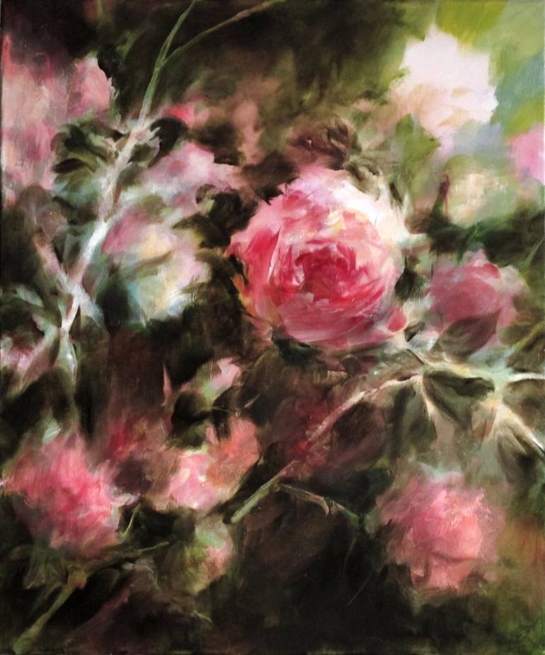 Le rosier rose Painting by Fabienne Monestier | Saatchi Art