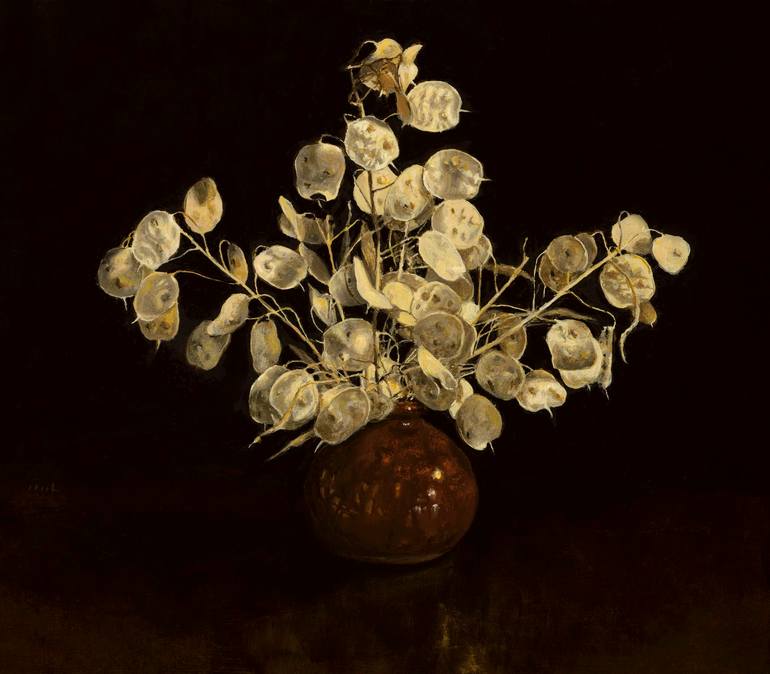 Lunaria annua in a Japanese vase Painting by Bram Stoof | Saatchi Art