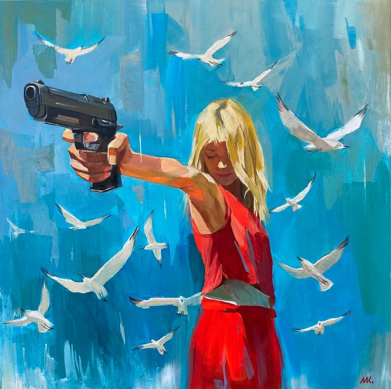 Girl with Gun Colt and Seagulls Handmade Acrylic Art Painting by Mariia ...
