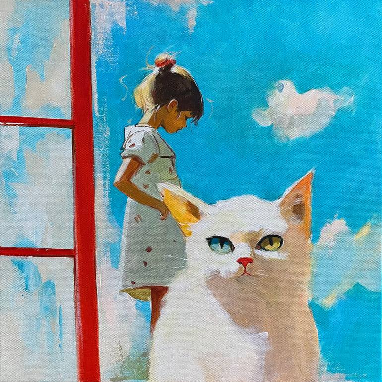 Under a Blue Sky - Girl and Big White Cat Art Painting by Mariia Kotiuzhynska | Saatchi Art