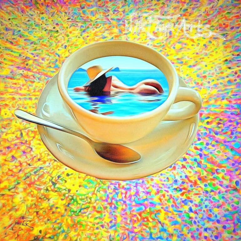 SWIMMING WOMAN IN MY COFFEE Painting by Nik Tod | Saatchi Art
