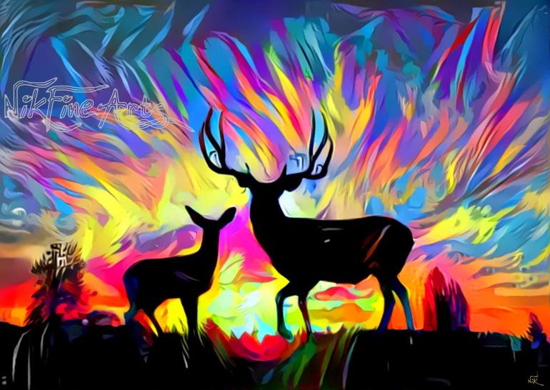 SILHOUETTES OF DEER WITH SMALL Painting by Nik Tod | Saatchi Art