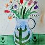 Spring flowers in vase with green cactus. Painting by Gergana ...