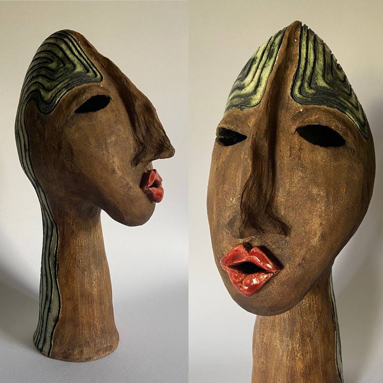 Sculpture Face Head Africa Brown Ceramic Hand Made Art For Home ...