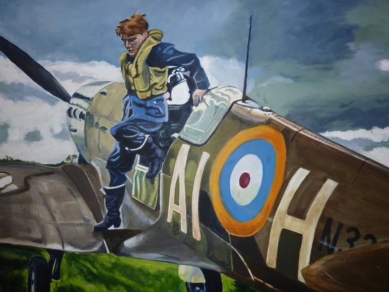 RAF Pilot and Spitfire Painting by catherine hargreaves | Saatchi Art