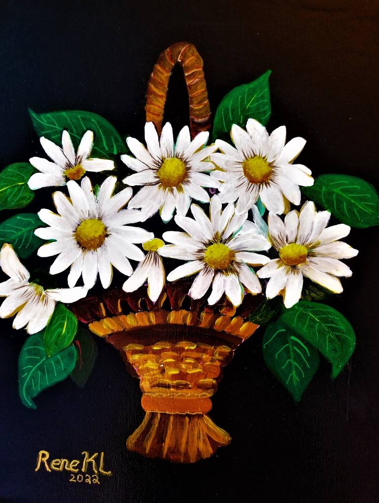 Daisy Basket Glazed Painting by Rene KL | Saatchi Art