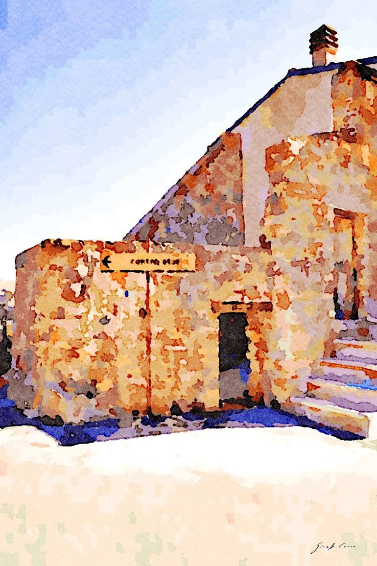 Borrello: building with road sign Painting by Giuseppe Cocco | Saatchi Art