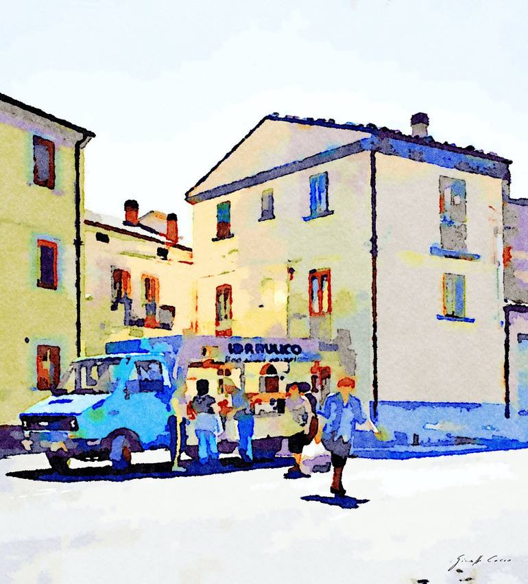 Borrello: Buildings and street vendor Painting by Giuseppe Cocco ...