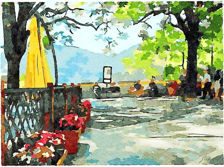 Tortora: old people sitting on the benches in the square Painting by ...