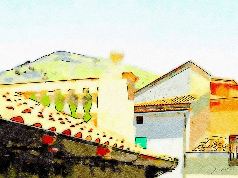 Tortora foreshortening with roofs, balustrade and buildings Painting by ...