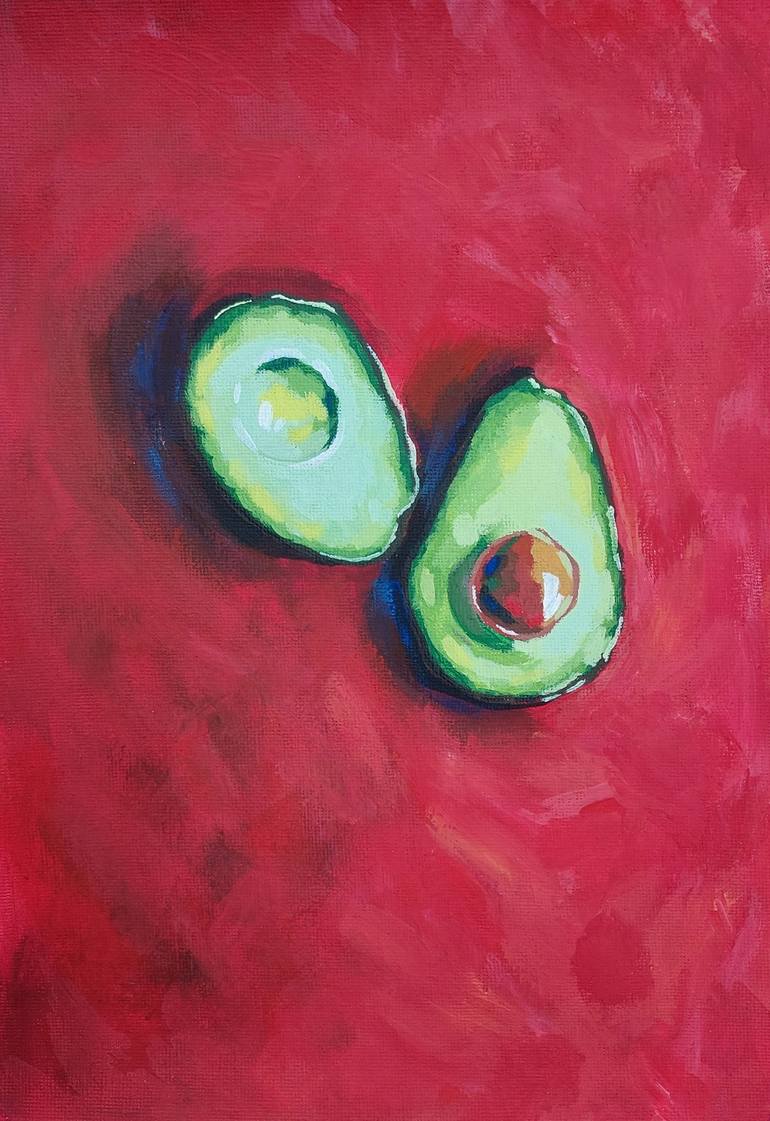 Avocado on red Painting by Daria Stepanova | Saatchi Art