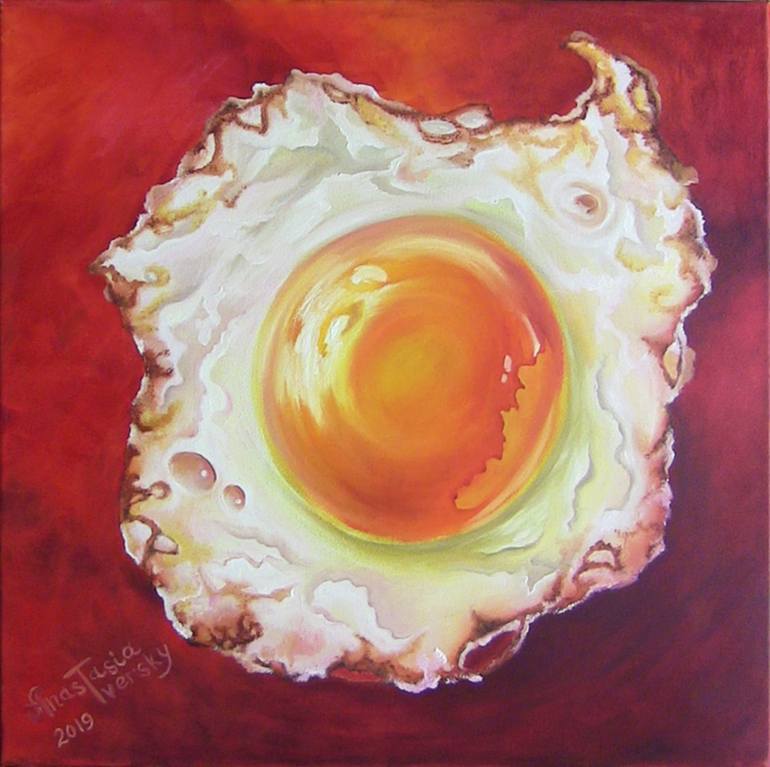 Crimson Breakfast. Fried egg modern food abstract painting Painting by ...