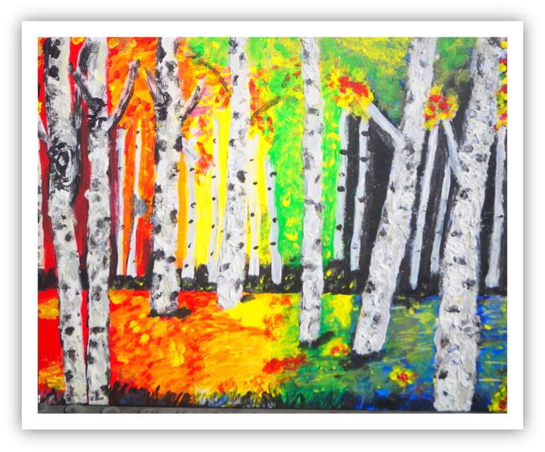 Birch Trees in a Rainbow of Colors Painting by Janet Edwards | Saatchi Art