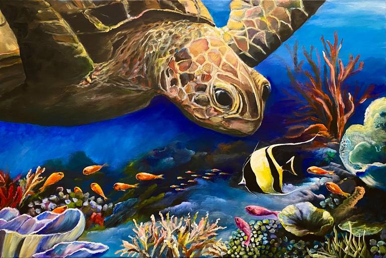Green Turtle Painting by Jacqueline Philp | Saatchi Art