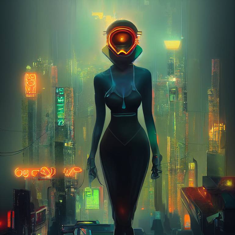 Woman with futuristic mask standing in the cyberpunk city Digital by ...