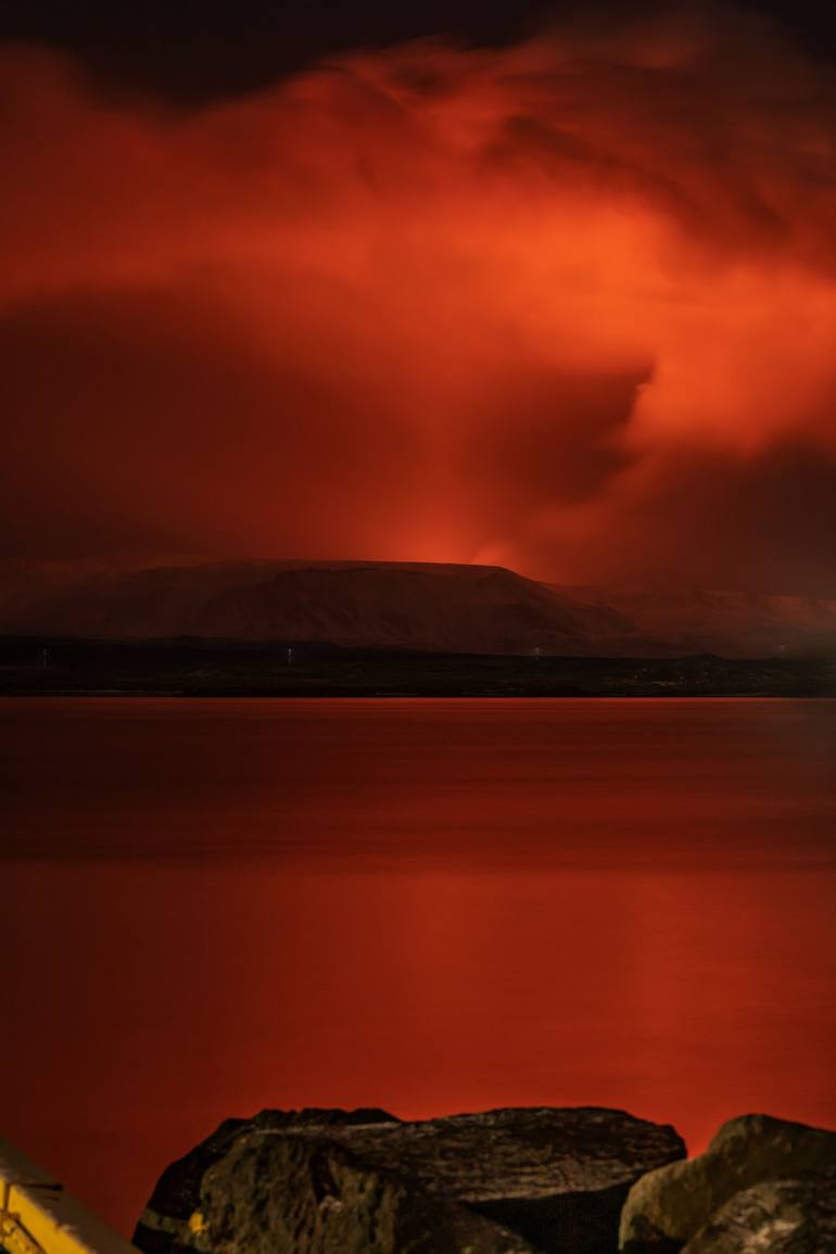 Fagradalsfjall Volcano Eruption with red sky in the night Photography ...