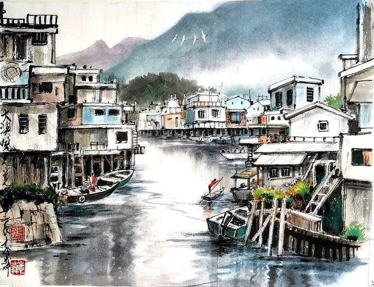 Tai O Fishing Town Painting by Chi Lun Amen Cheung | Saatchi Art