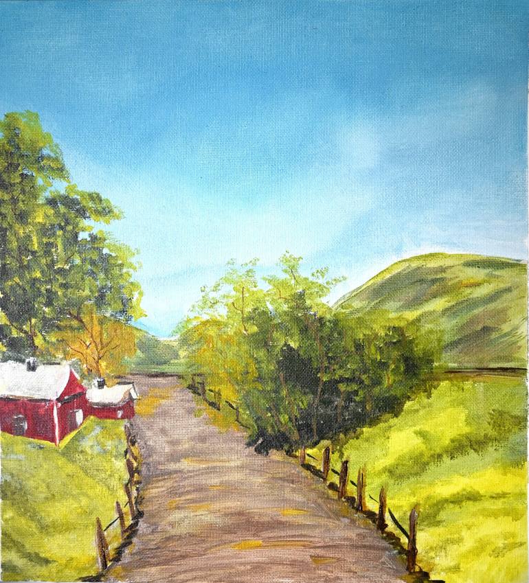 Red Barn on the old path Painting by Venkat Parvathapu | Saatchi Art