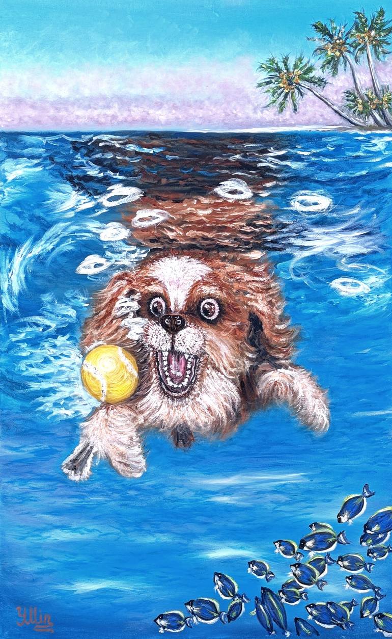 Cheerful dog dives for a ball in the sea in the Maldives Painting by ...